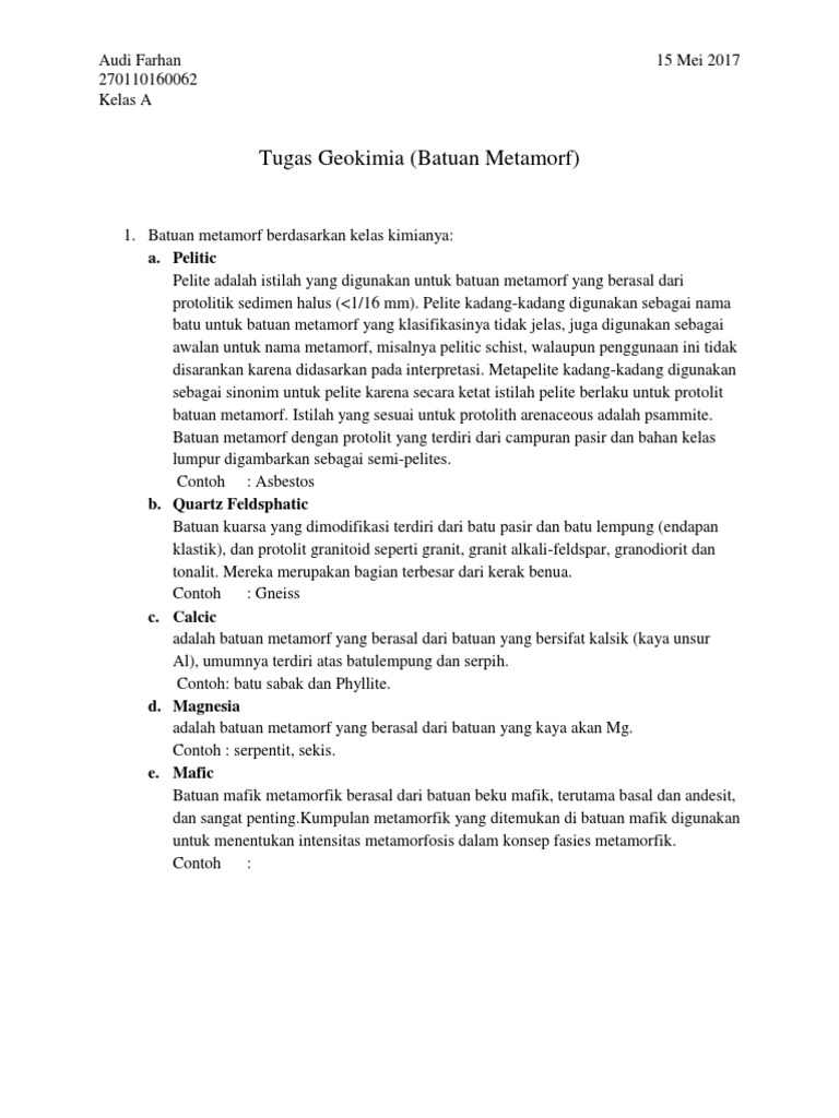 Tugas Geokimia Batuan Metamorf | PDF | Ilmu Sosial | Sains & Matematika