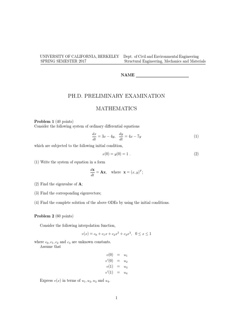 Prelim Math New 0 | PDF | Eigenvalues And Eigenvectors | Ordinary Differential Equation