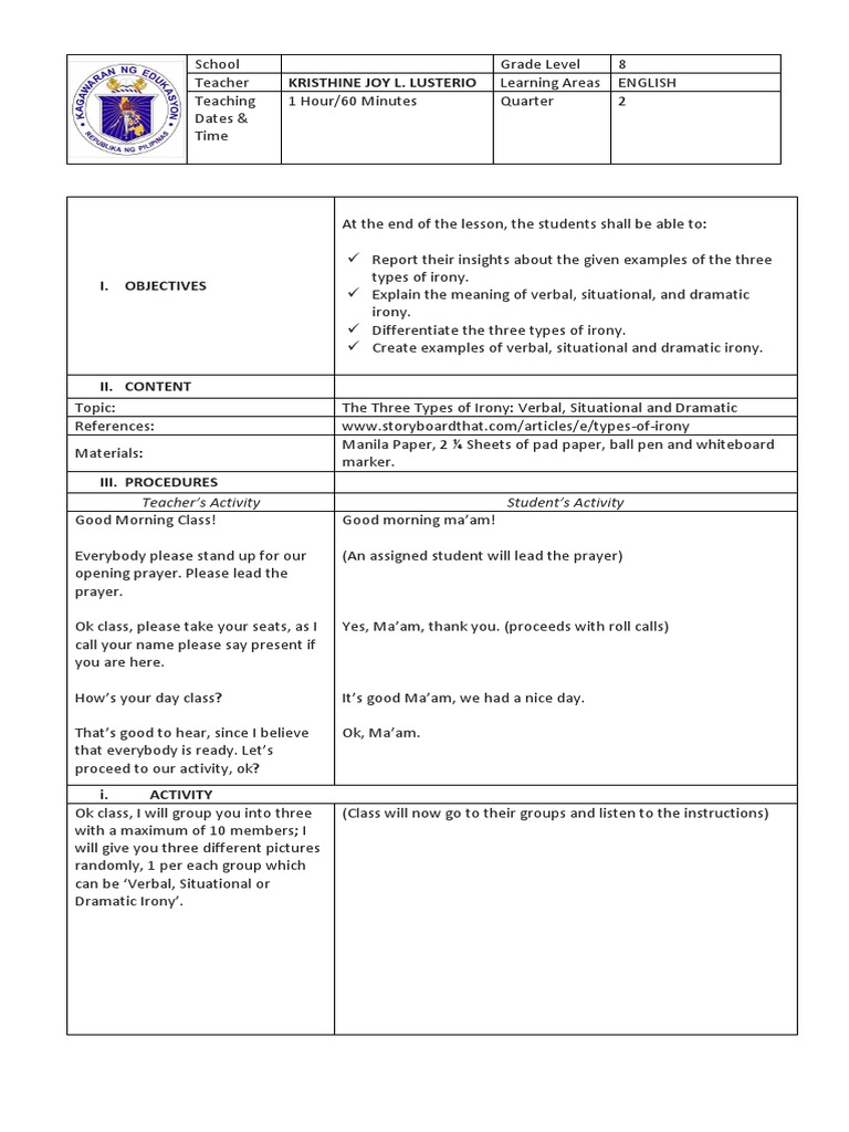 Detailed Lesson Plan | PDF | Irony | Cognition