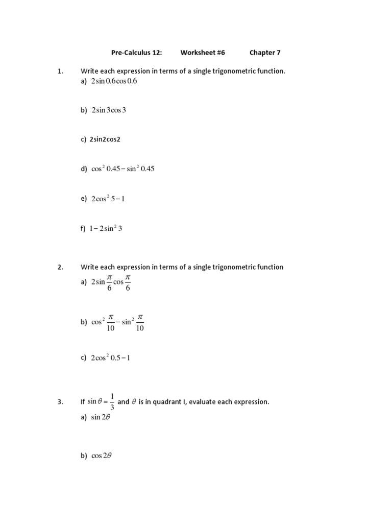 Pre-Calculus Trig Worksheet | PDF
