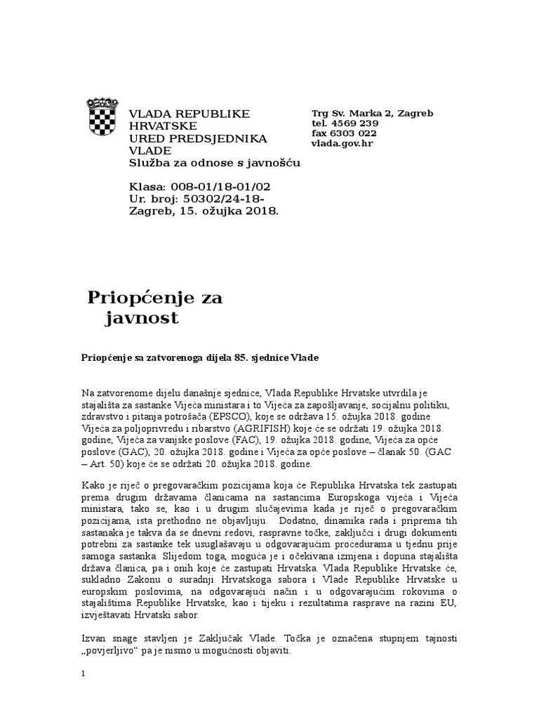 Priopćenje Sa Zatvorenoga Dijela 85. Sjednice Vlade | PDF