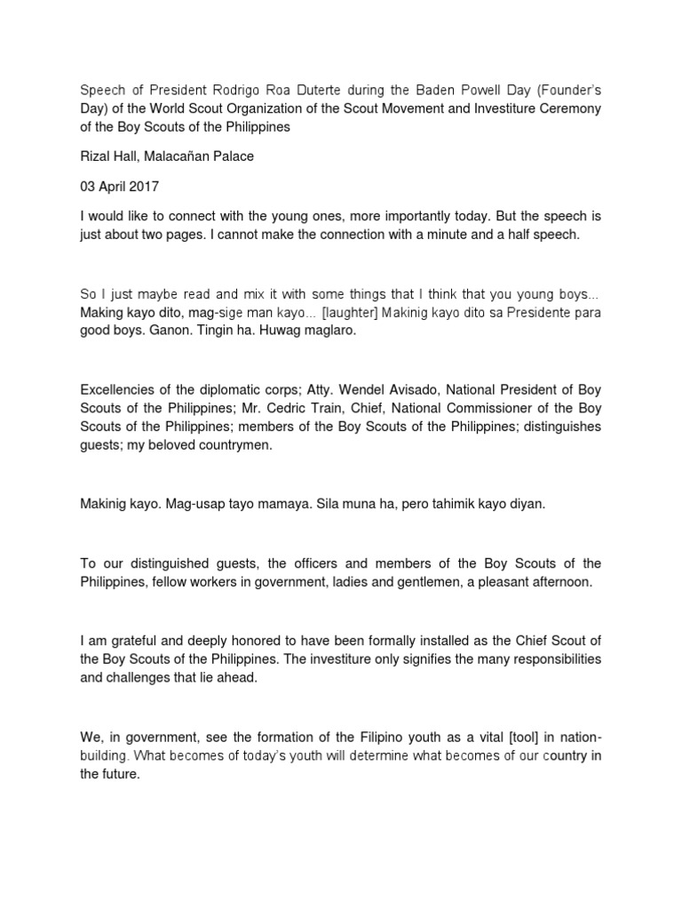 Speech of President Rodrigo Roa Duterte