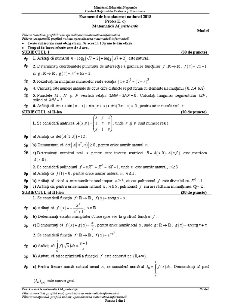 2017 - 2018 - Model Oficial BAC Matematica Mate-Info Cu BAREM | PDF