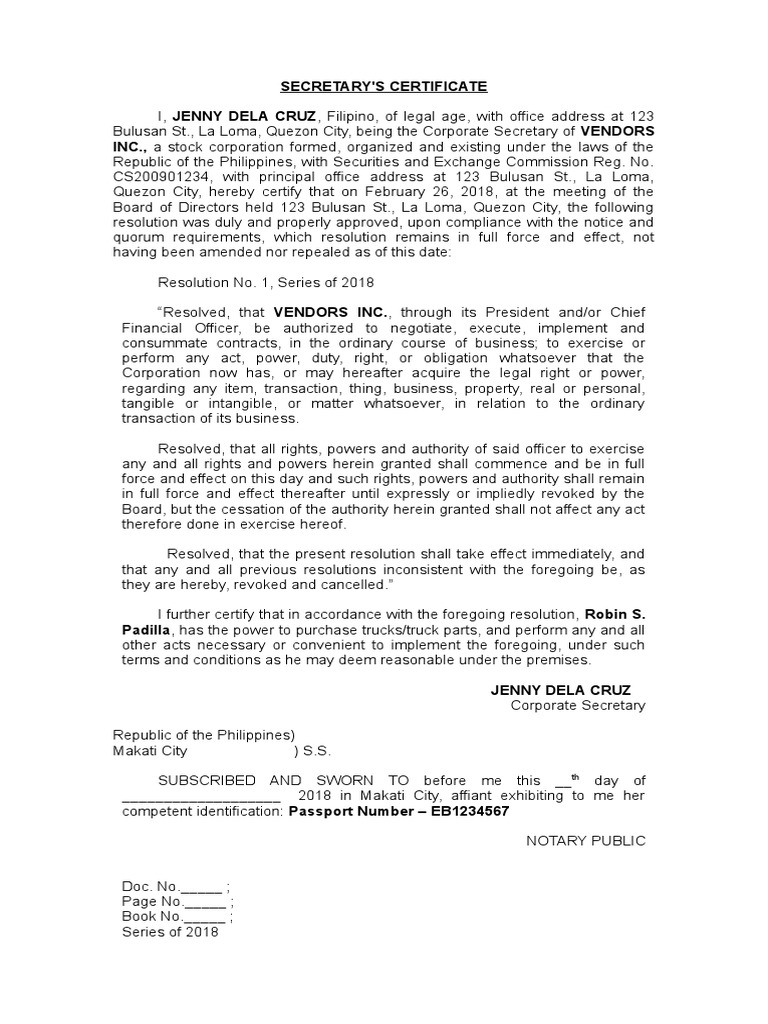 Secretary's Certificate Sample | PDF | Business Law | Common Law