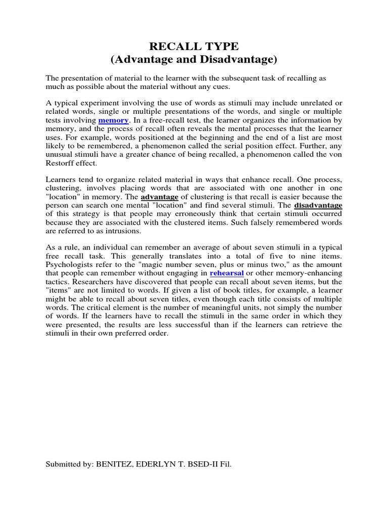 Recall Type (Advantage and Disadvantage) : Memory | PDF