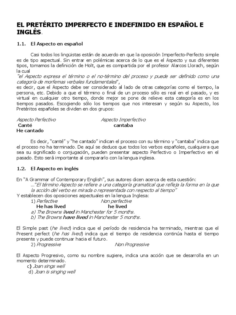 El Pretérito Imperfecto e Indefinido en Español e Inglés | PDF | Tiempo ...