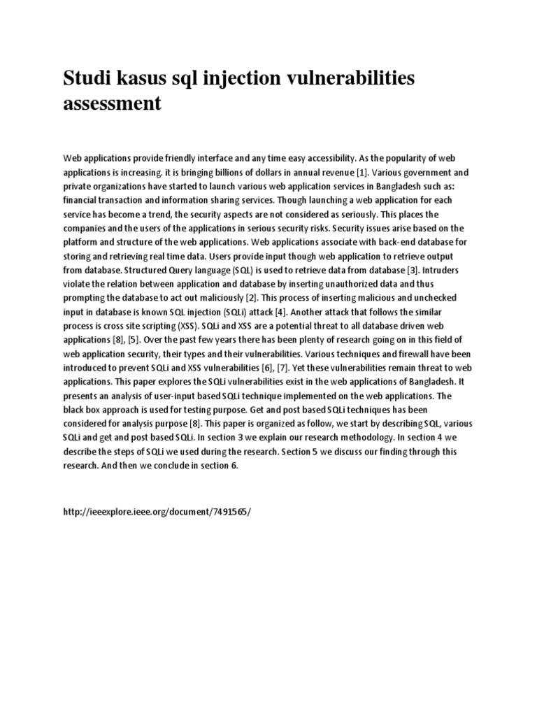 Studi Kasus SQL Injection Vulnerabilities Assessment | PDF | Databases | Web Application