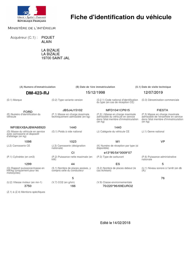 Fiche Identification Vehicule PDF | Voitures | Véhicules terrestres