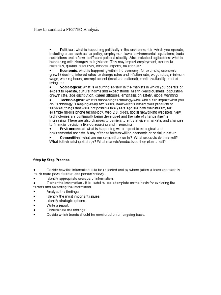 Conducting a PESTEC Analysis Guide | PDF | Outsourcing | Market (Economics)