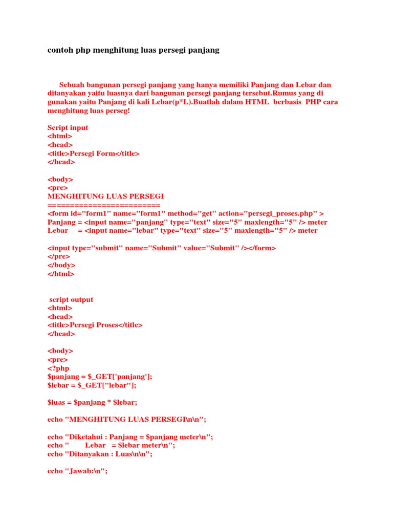 Contoh PHP Menghitung Luas Persegi Panjang | PDF