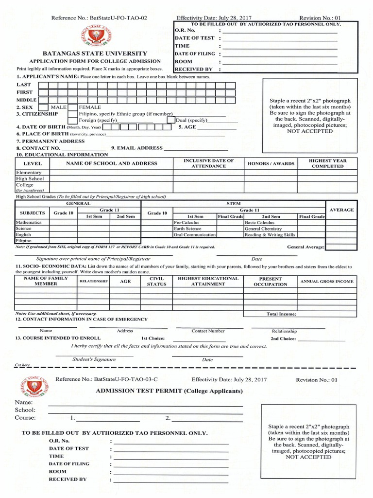 BatStateU FO TAO 02 College Application Form | PDF