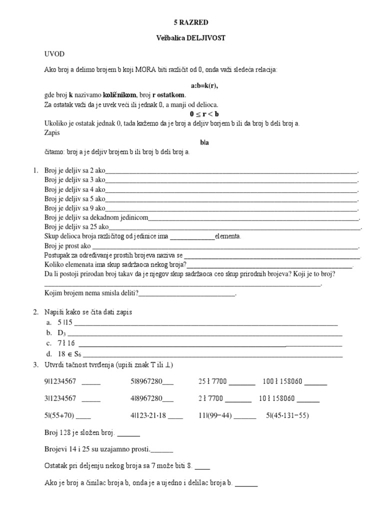 Deljivost Vec5bebalica Za Peti Razred PDF | PDF