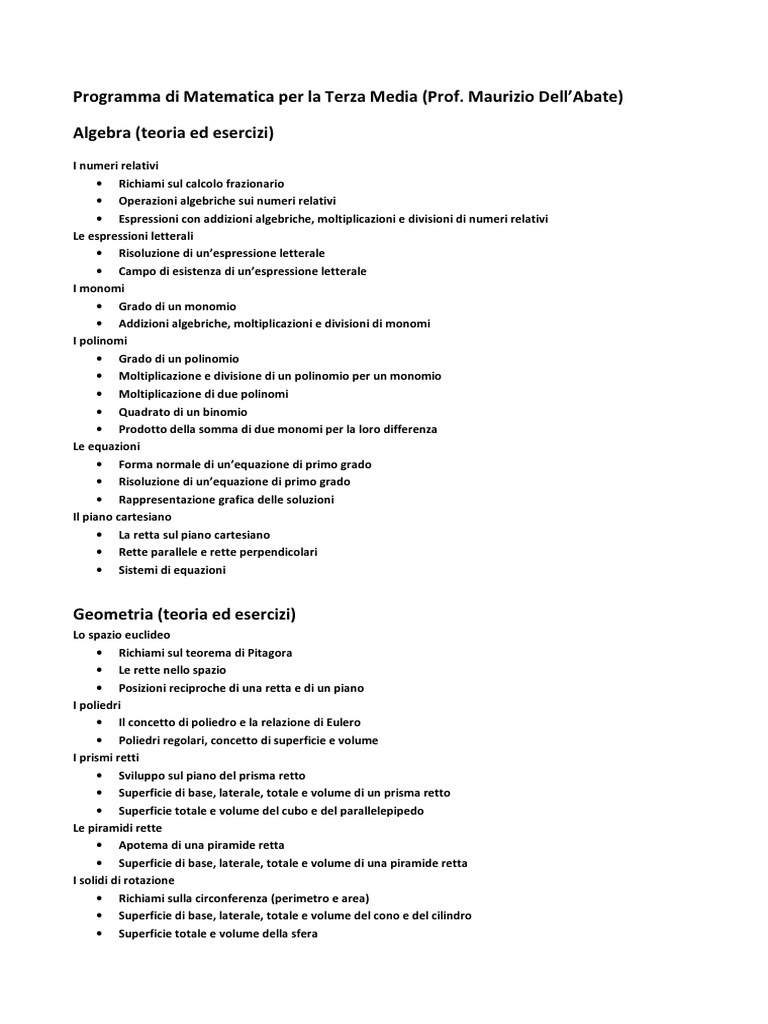 Programma Di Matematica Per La Terza Media