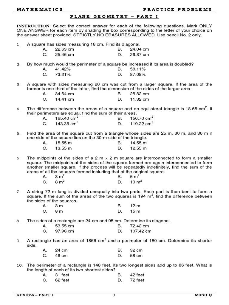 Plane Geometry Practice Problems Part1 2015 | PDF | Area | Circle