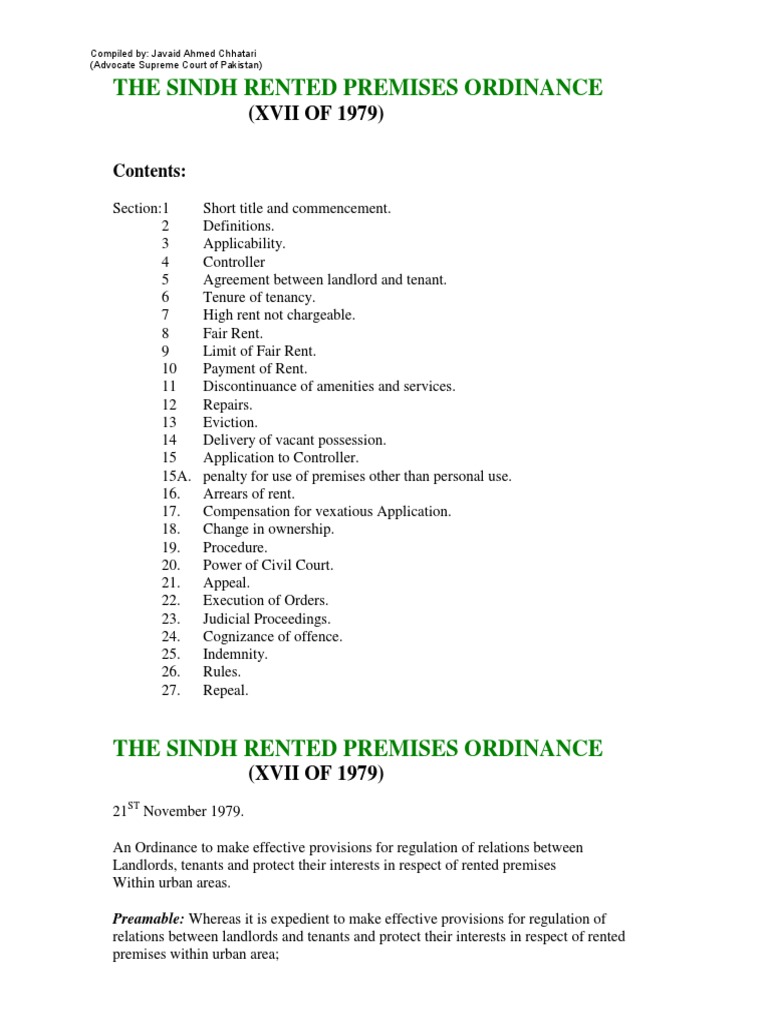 The Sindh Rented Premises Ordinance 1979 | PDF | Eviction | Leasehold ...