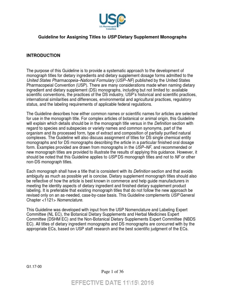 Guideline For Assigning Titles To Usp Dietary Supplement Monograph ...