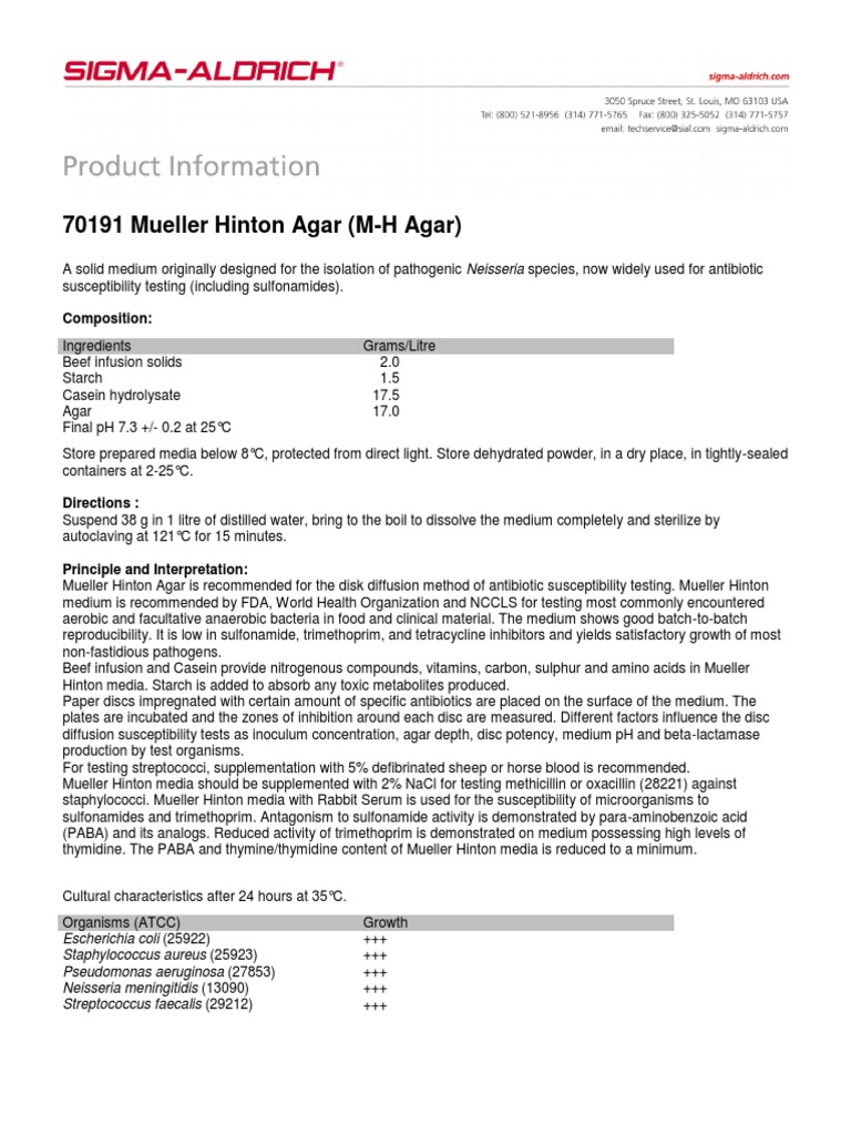 Mueller Hinton Agar (M-H Agar) : Composition | PDF | Growth Medium ...