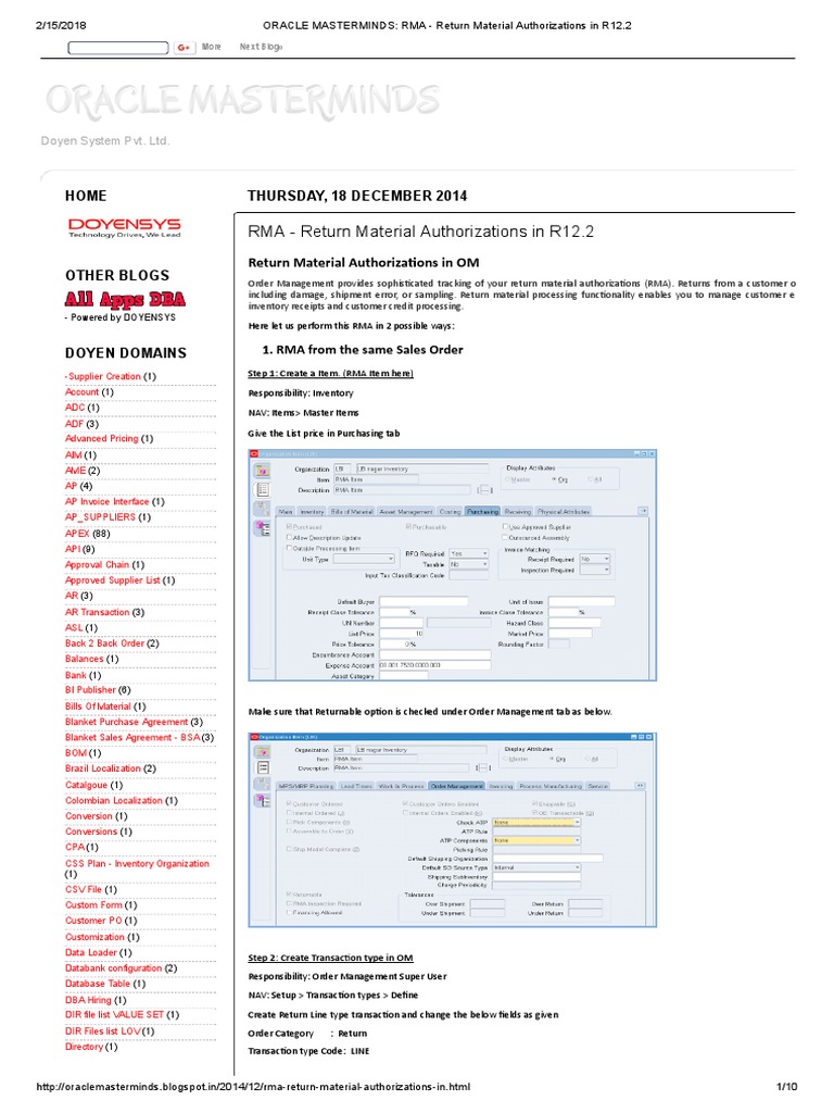 ORACLE MASTERMINDS - RMA - Return Material Authorizations in R12 | PDF | Oracle Database | Receipt