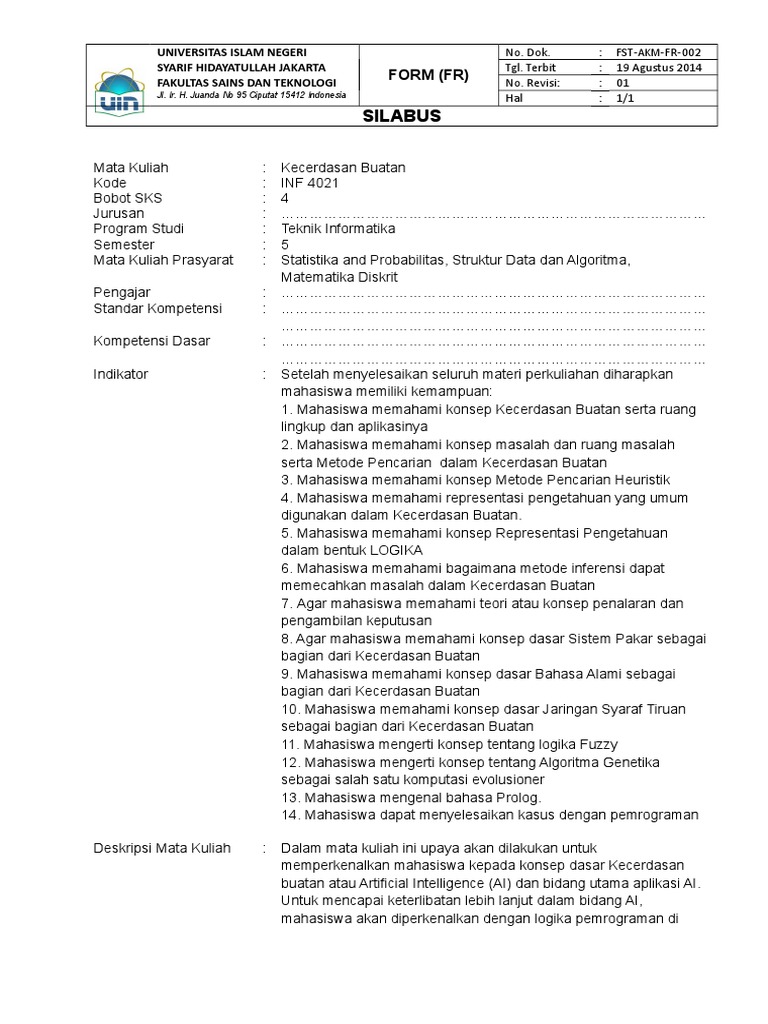 002 Form Silabus Kecerdasan Buatan | PDF | Seni | Komputer