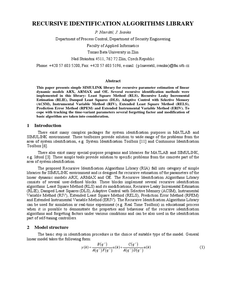 Recursive Identification Algorithms Library | PDF | Matrix (Mathematics) | Least Squares