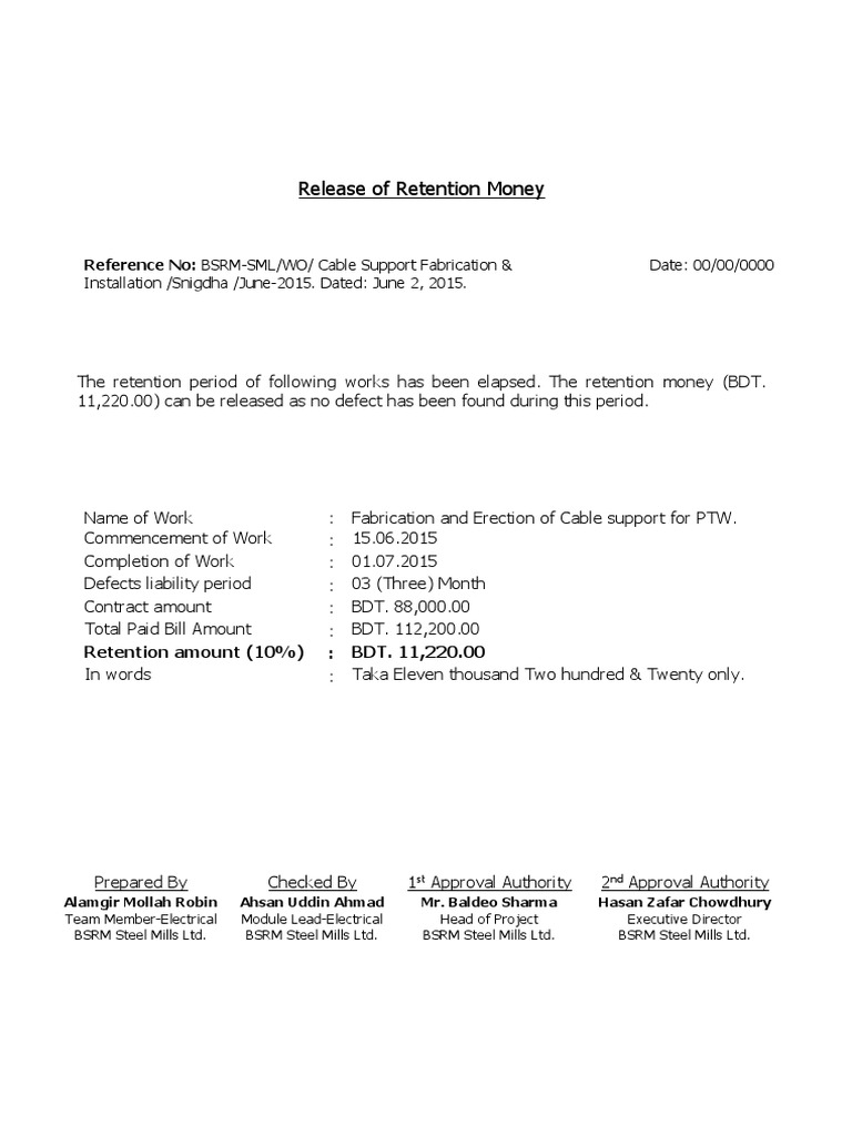 Release of Retention Money | PDF