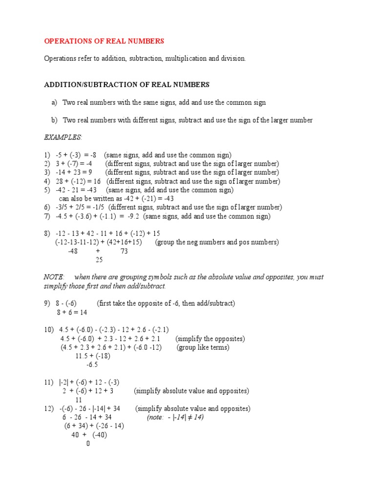 Operations of Real Numbers | PDF | Fraction (Mathematics) | Multiplication