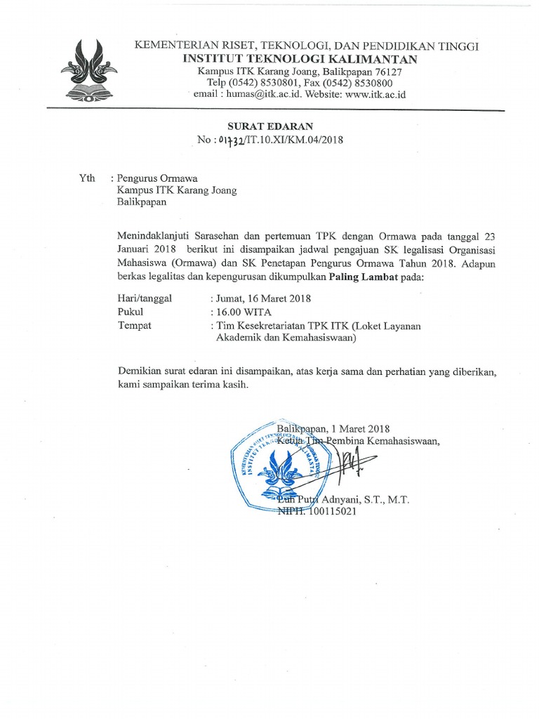 Surat Edaran Pengumpulan Berkas Legalitas Dan Kepengurusan Ormawa | PDF