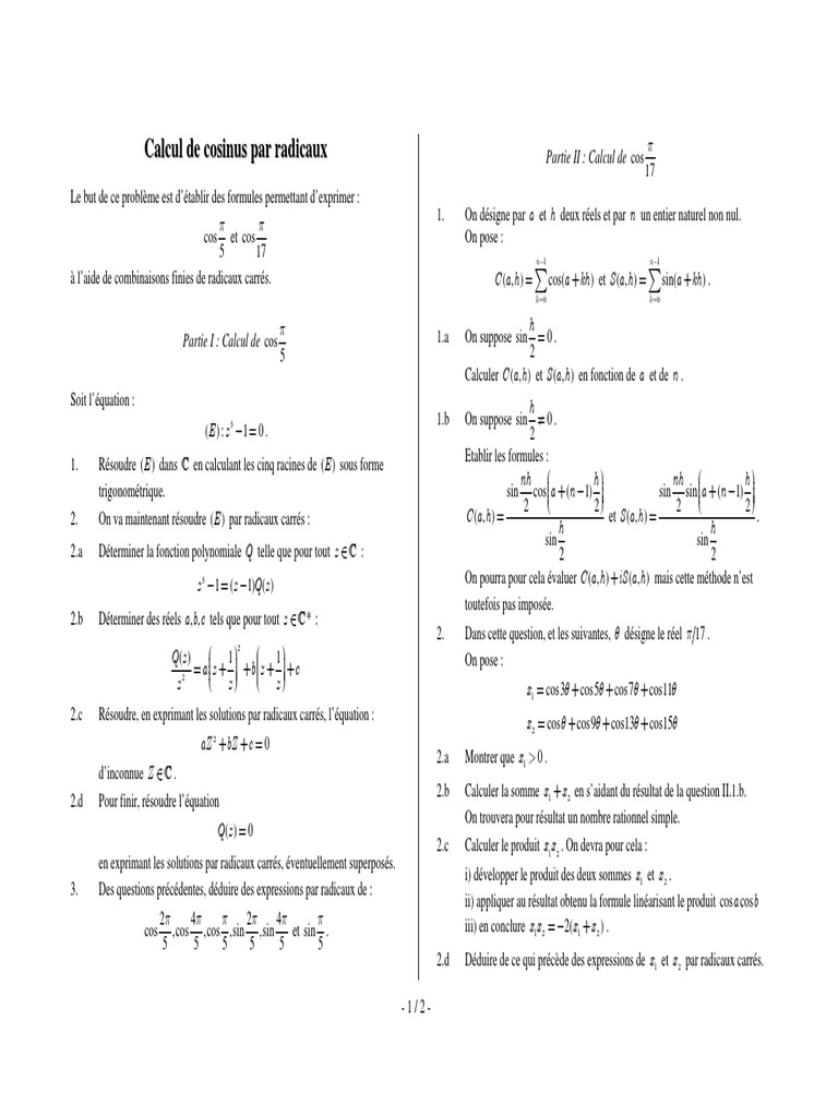 Calcul de cosinus par radicaux | PDF | Fonction trigonométrique | Pi