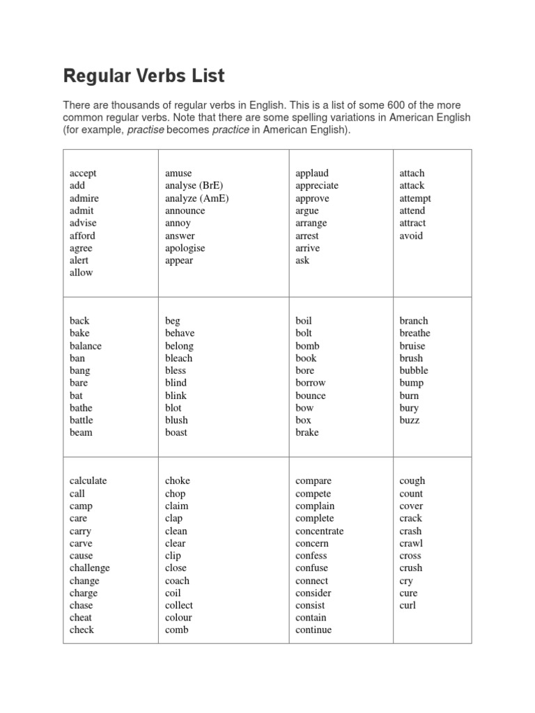 Regular Verbs List: Practise Practice | PDF | Nature