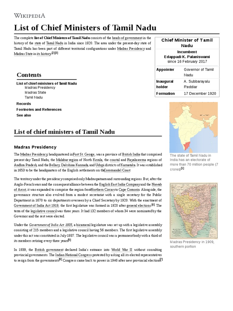 List of Chief Ministers of Tamil Nadu | PDF | Tamil Nadu | Politics Of India