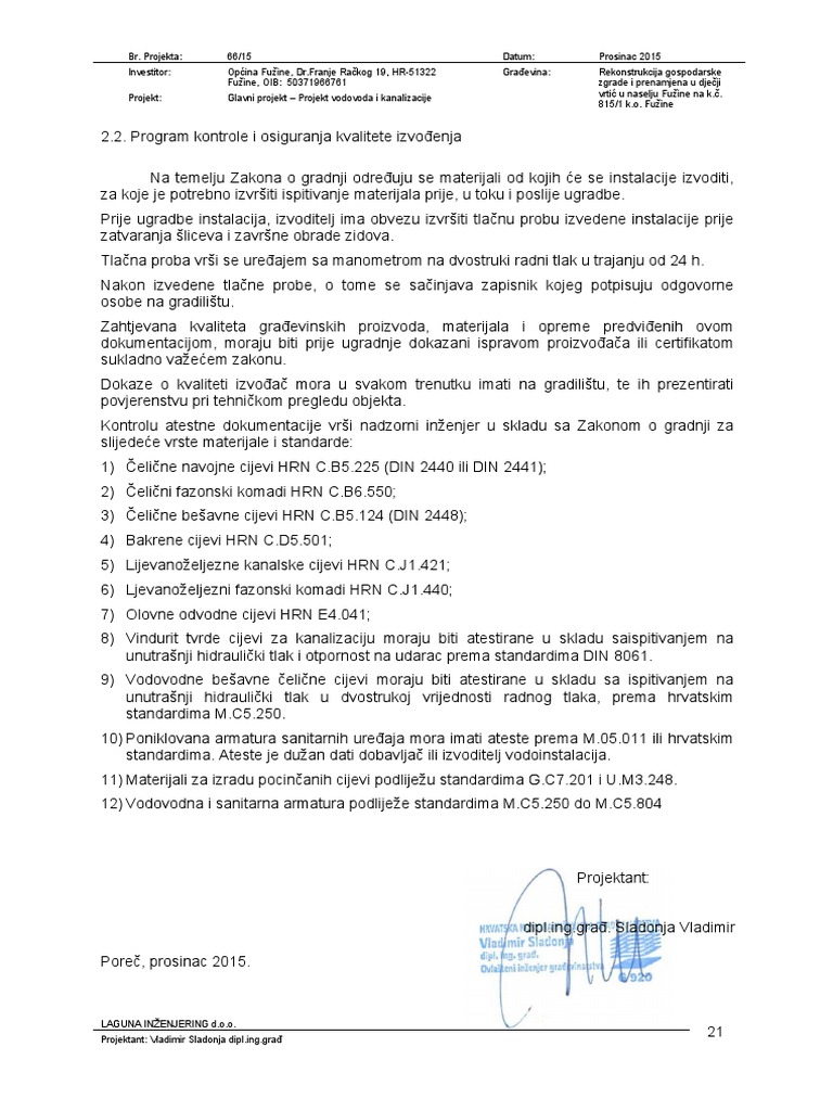 Projekt Vodovoda I Odvodnje - Vrtić Fužine - Program Kontrole I Kvalitete Osiguranja | PDF