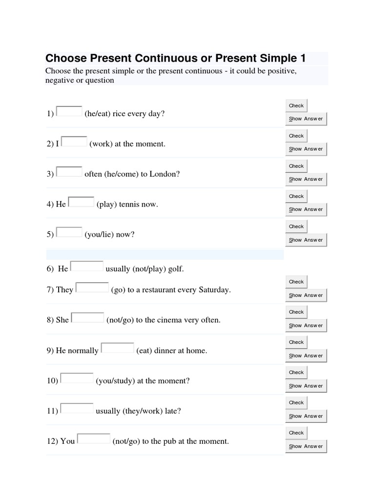 Choose Present Continuous or Present Simple 1 | PDF | Eating Behaviors ...