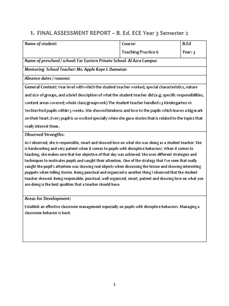 Final Assessment Report | PDF | Mentorship | Classroom Management