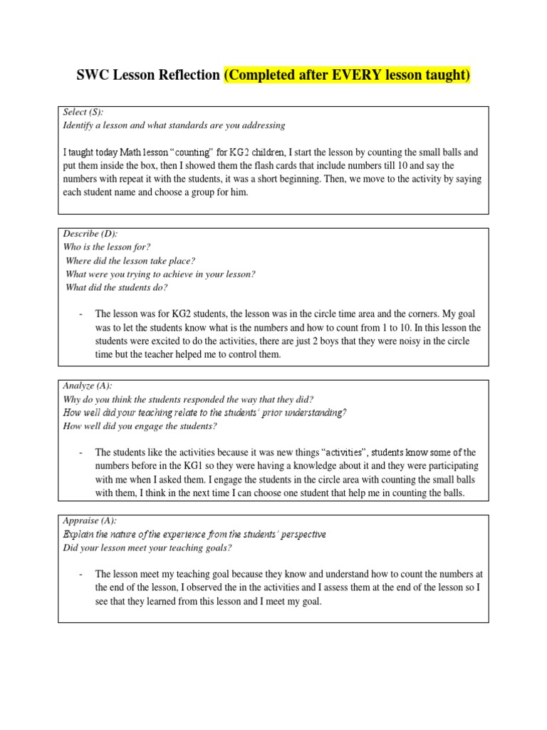KG2 Math Lesson Reflection | PDF | Teachers | Teaching