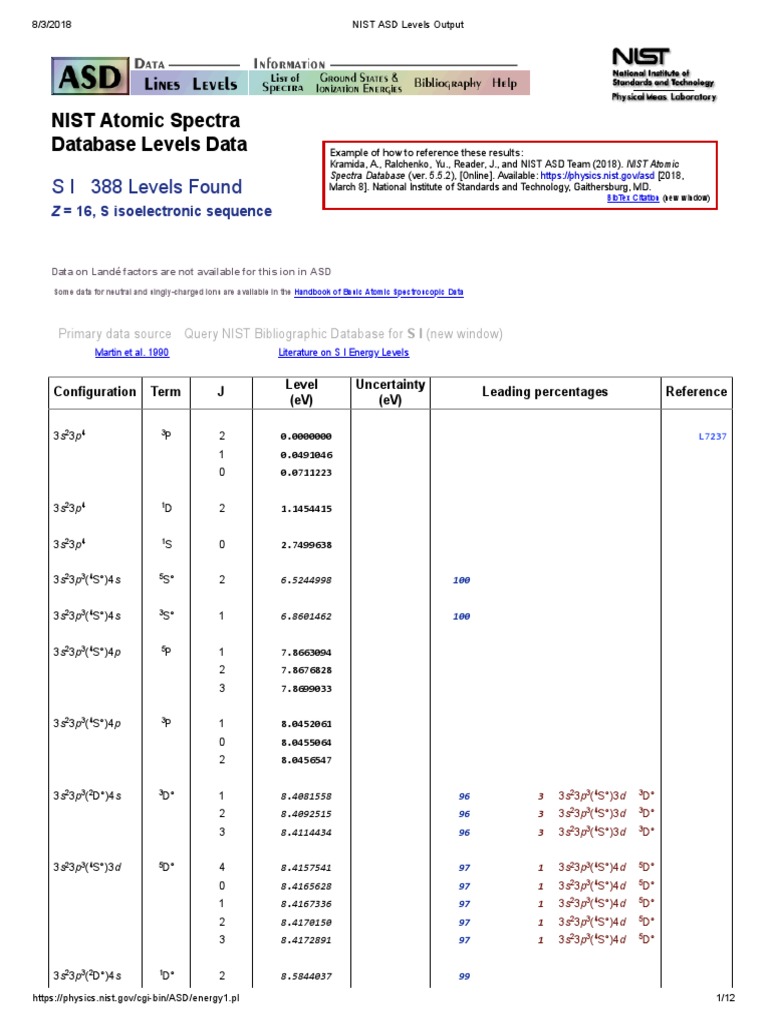 S I 388 Levels Found: NIST Atomic Spectra Database Levels Data | PDF ...