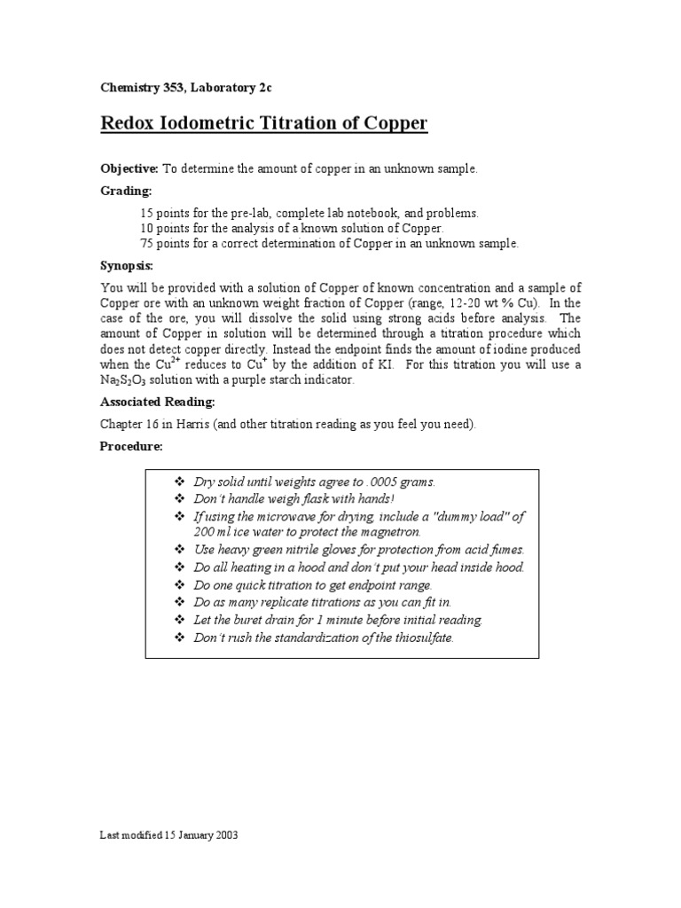 Redox Iodometric Titration of Copper: Chemistry 353, Laboratory 2c ...