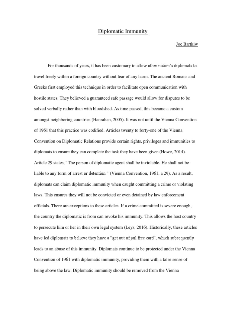 Diplomatic Immunity Essay | PDF | Punishments | Crime & Violence