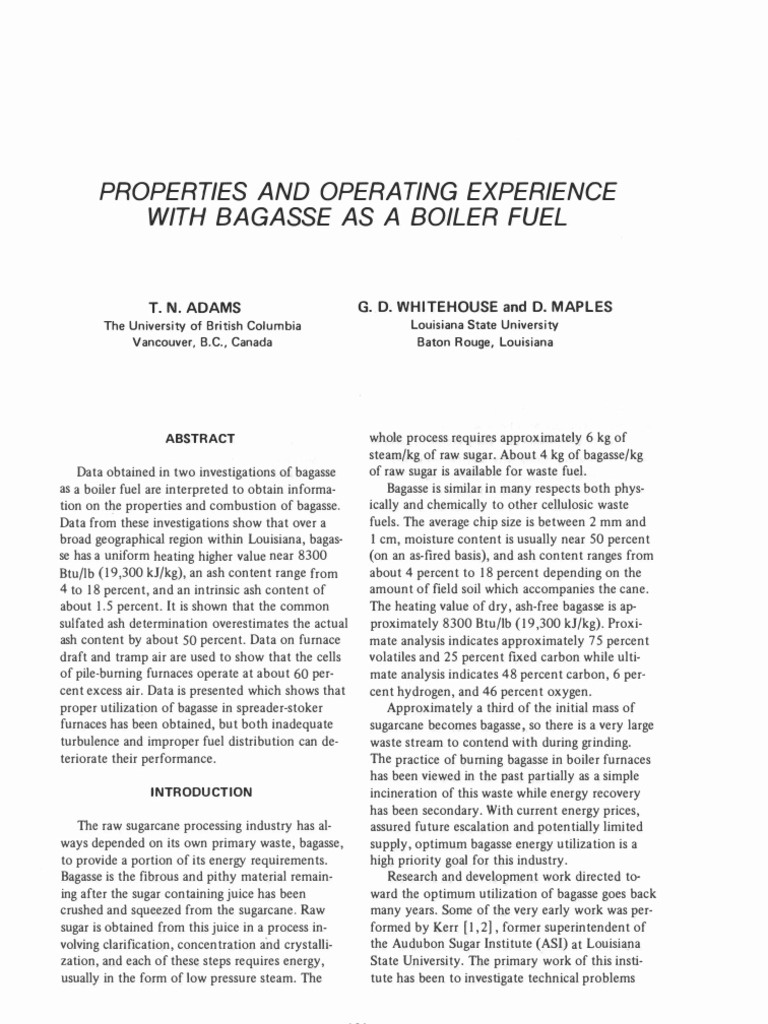 Properties and Operating Experience With Bagasse As A Boiler Fuel | PDF ...