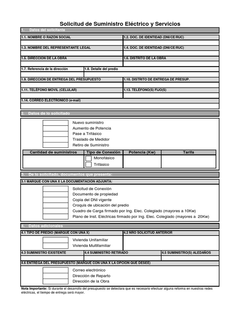 Solicitud de Suministro Eléctrico y Servicios PARA LUZ DEL SUR | PDF | Electricidad | Ingenieria ...