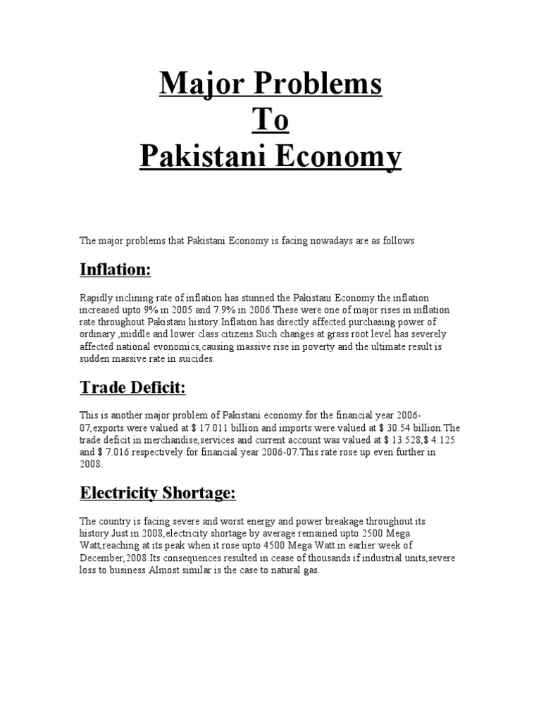 Major Problems To Pakistani Economy | PDF | Inflation | Pakistan
