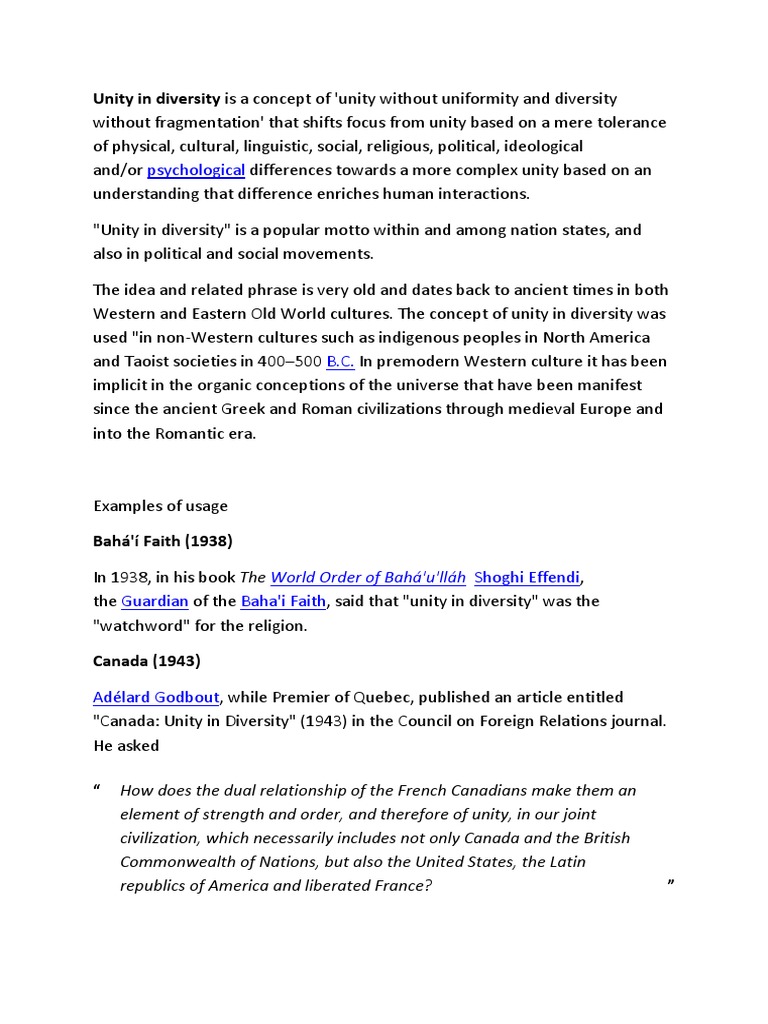 Psychological: Unity in Diversity Is A Concept of 'Unity Without ...