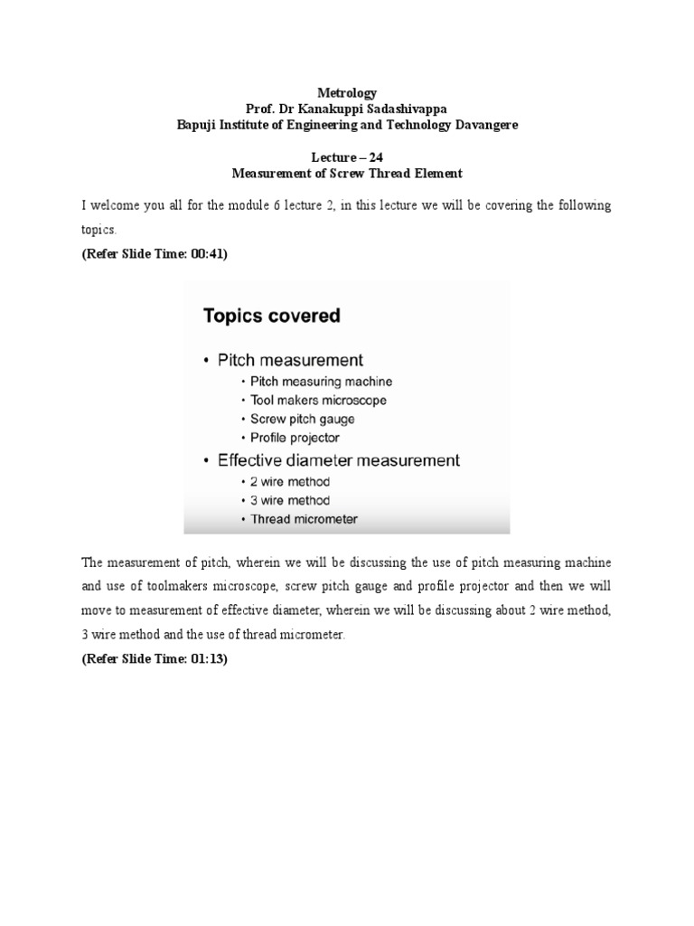 Measurement Of Screw Thread Element Pdf Screw Lens Optics