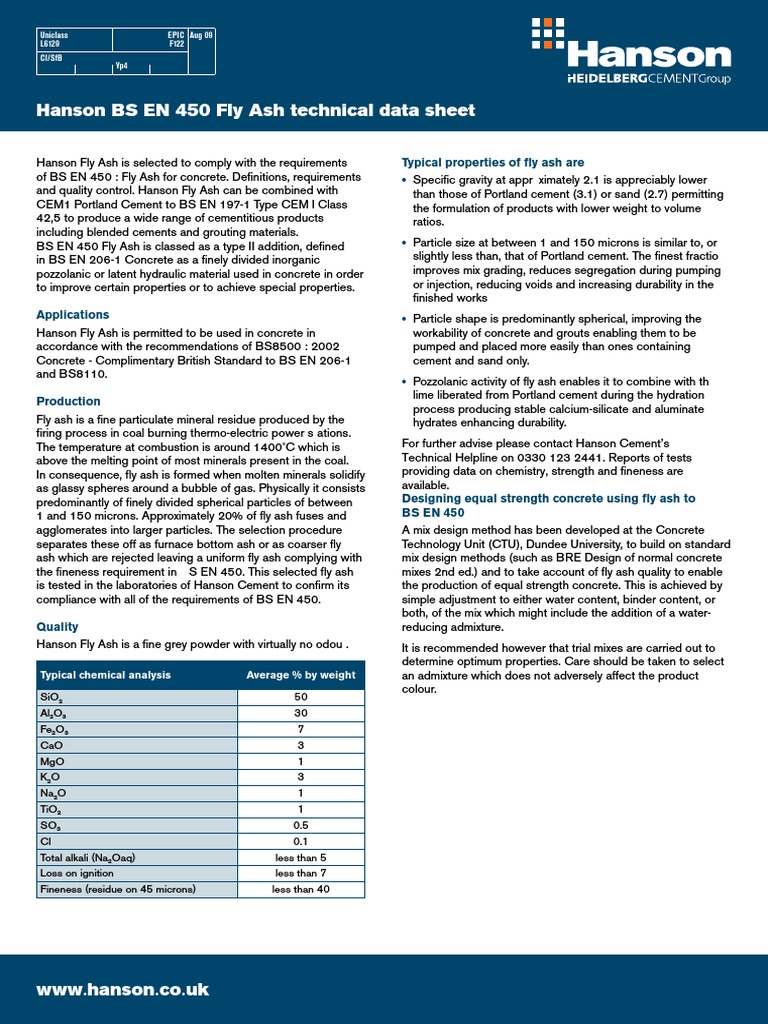 Hanson Bs en 450 Fly Ash Technical Data Sheet 1 | PDF | Fly Ash | Concrete