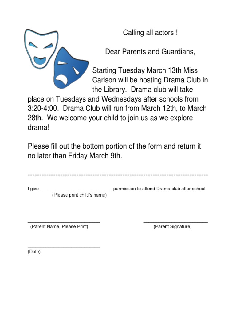 Drama Club Permission Slip | PDF