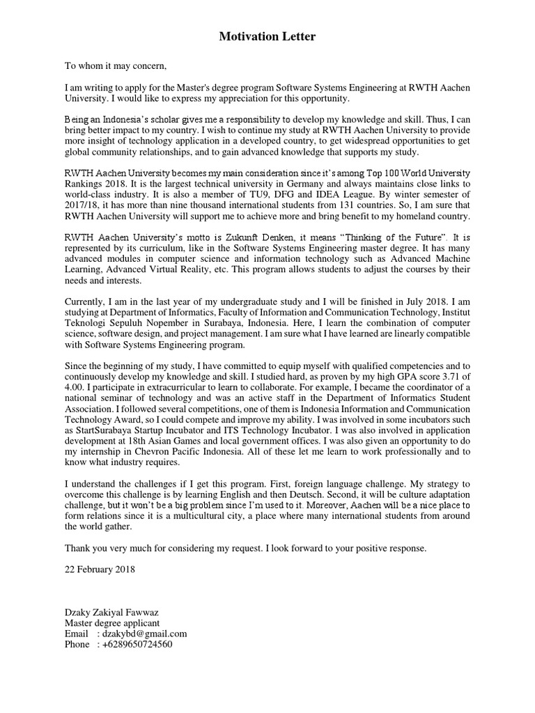 Motivation Letter | PDF | Information Technology | University