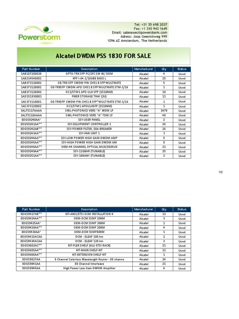 Alcatel DWDM PSS 1830 For Sale From Powerstorm 4SF09071061 | PDF ...