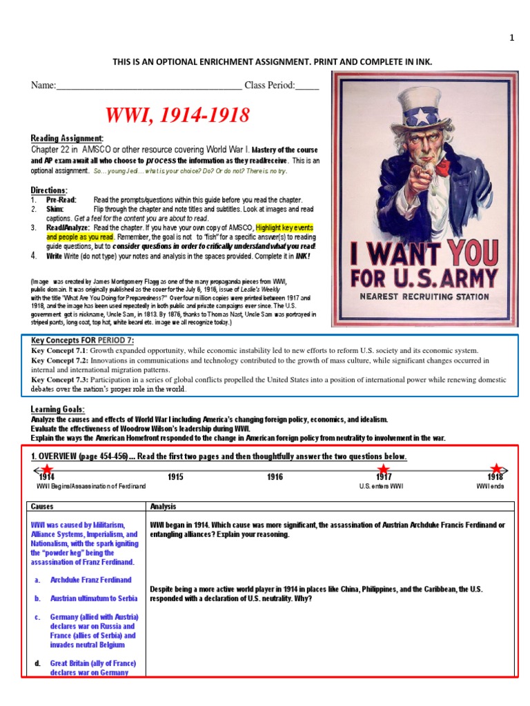 WWI Reading Assignment Guide | PDF | World War I | Woodrow Wilson