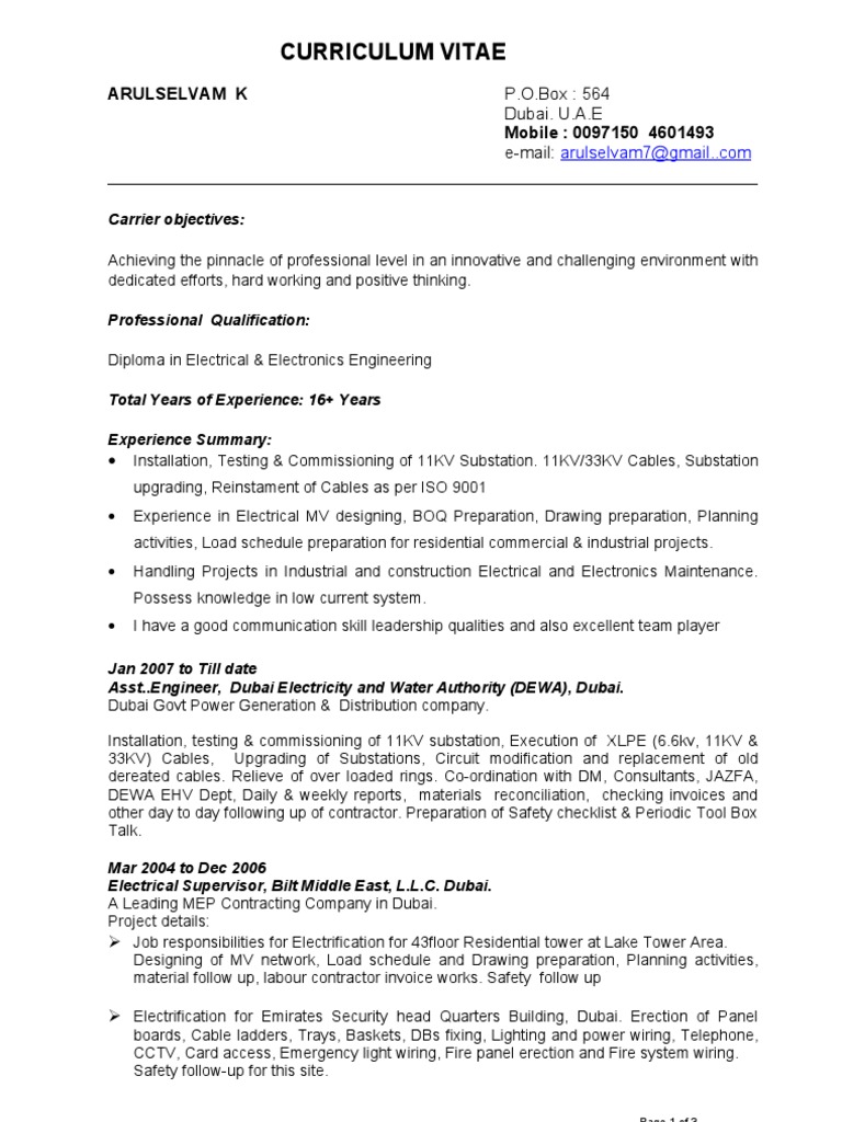 CV of Arul Asghal | PDF | Electrical Substation | Electrical Wiring