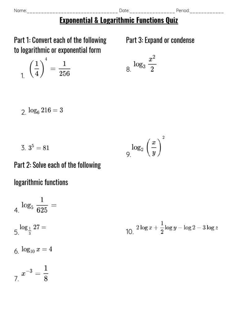 Exponential & Logarithmic Functions Quiz | PDF
