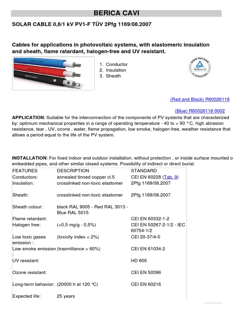 SOLAR CABLE 0,6-1 KV PV1-F Characteristics | PDF | Equipment | Electricity